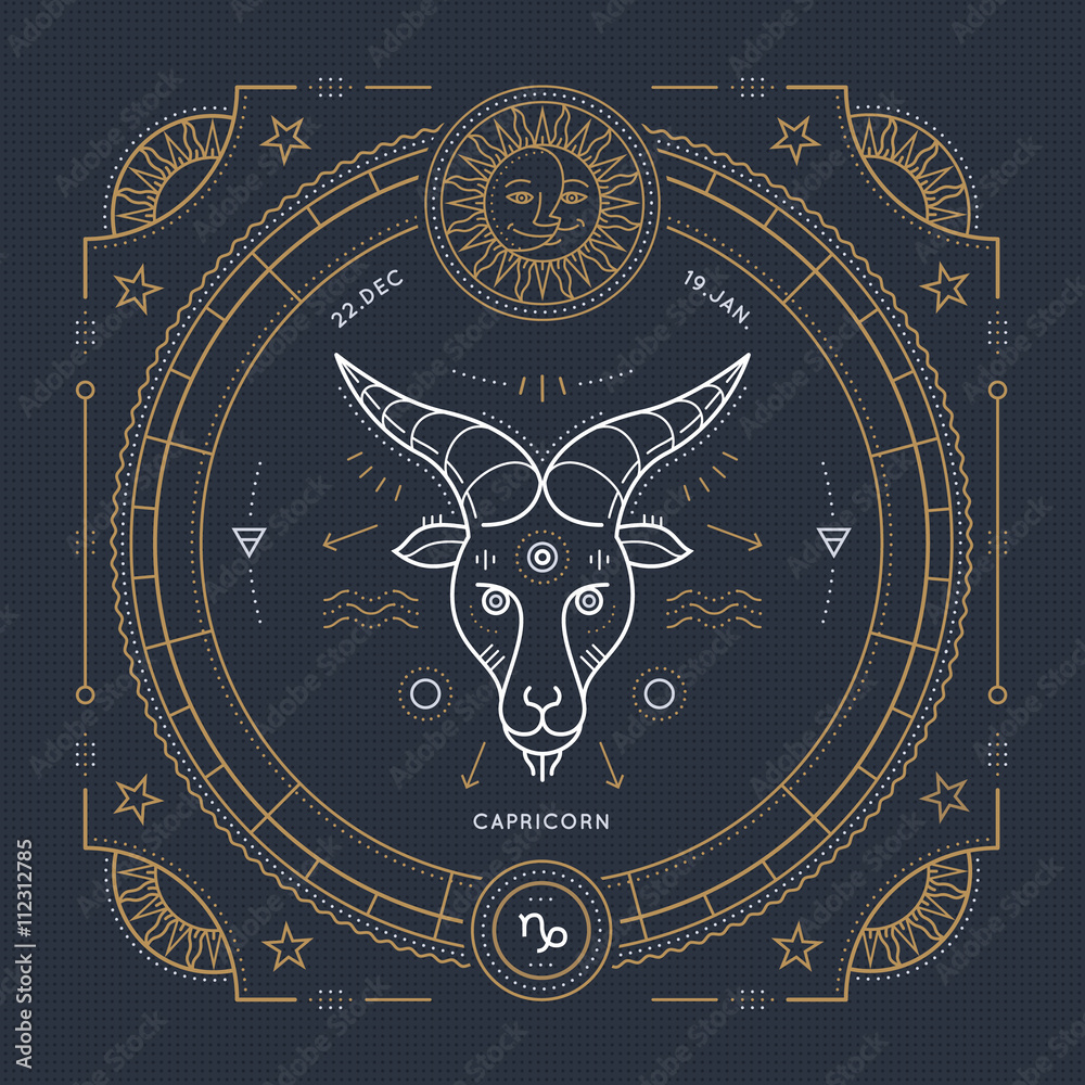 Vintage thin line Capricorn zodiac sign label. Retro vector ...