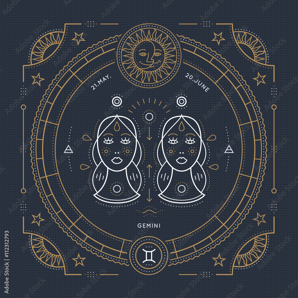 Vintage thin line Gemini zodiac sign label. Retro vector astrological ...