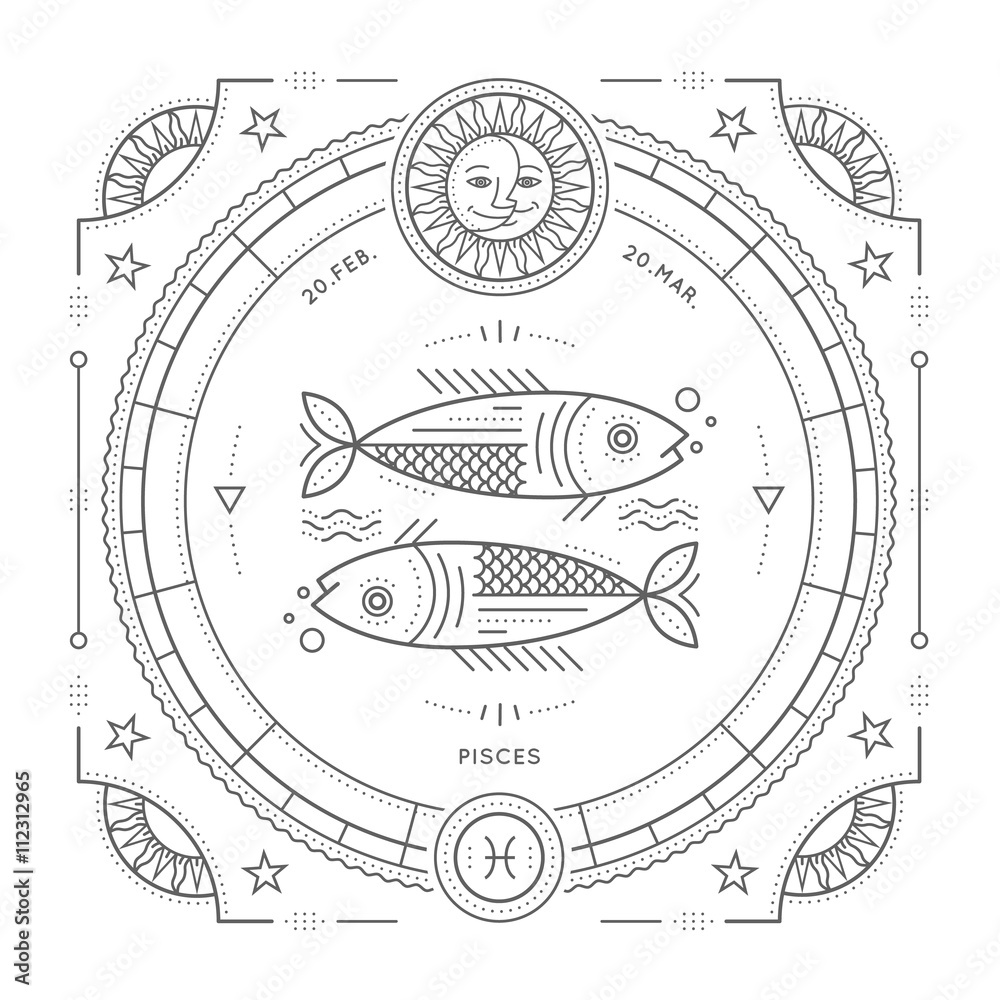 Vintage thin line Pisces zodiac sign label. Retro vector astrological ...