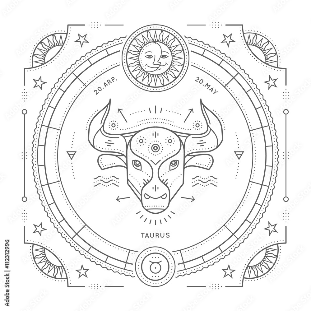 Vintage thin line Taurus zodiac sign label. Retro vector astrological ...