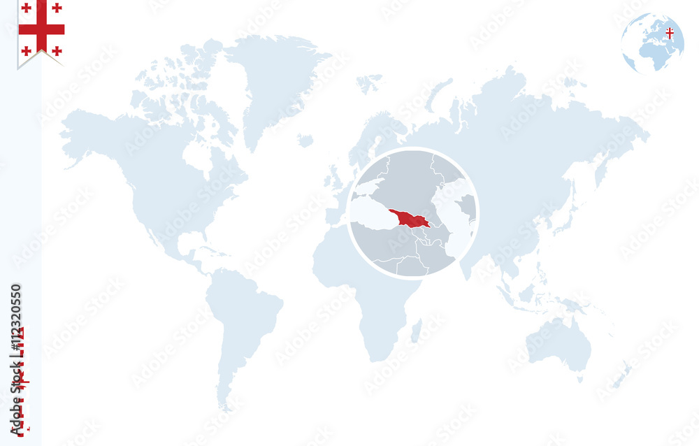 Blue world map with magnifying on Georgia. Stock Vector | Adobe Stock
