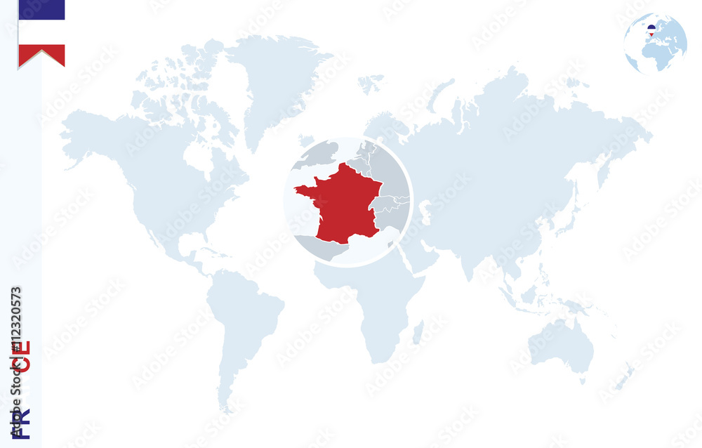 Blue world map with magnifying on France. Stock Vector | Adobe Stock