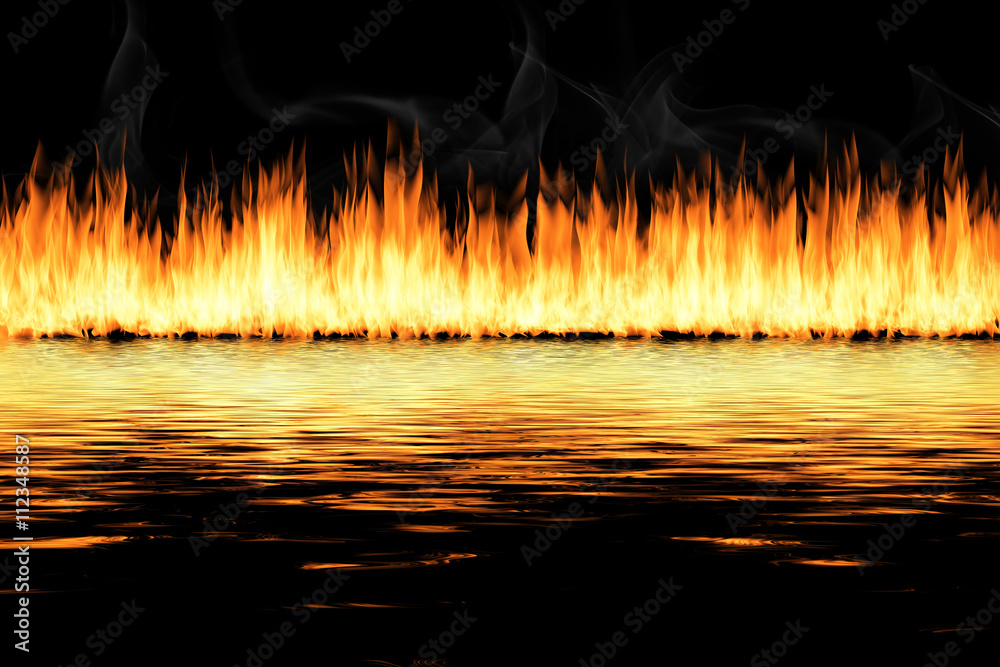 awesome fire flames with water reflection, on a black background. Stock ...