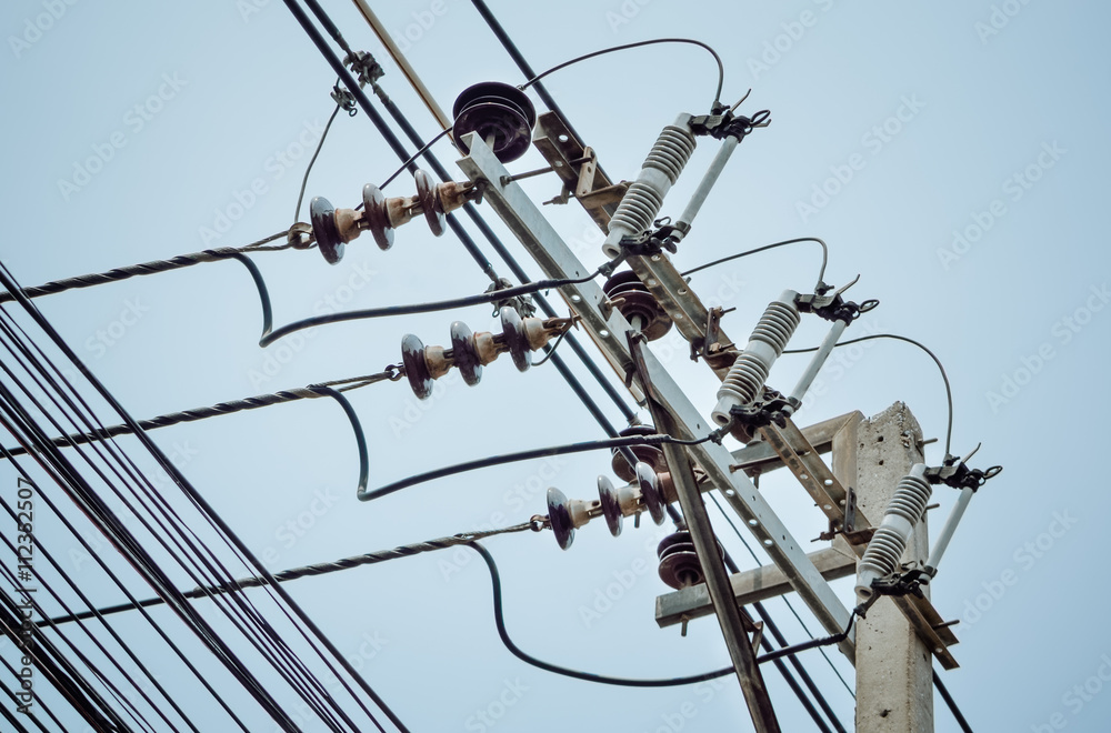Electric pillar with transformer in the electric network. Outdoor view ...