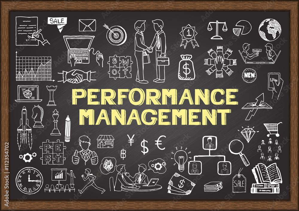 Hand drawn business icons about Performance Management on chalkboard ...