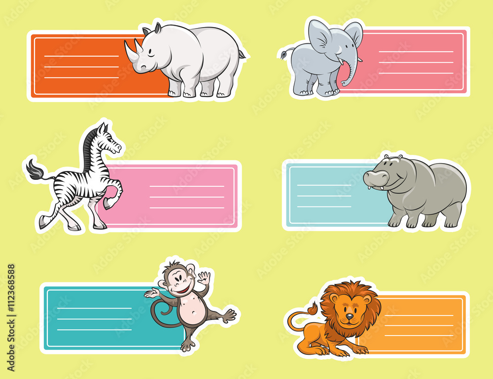 Baby tags with wild animals lion elephant hippo zebra monkey vector ...