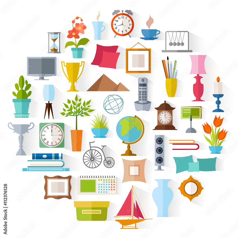 The set of home decor. Accessories, icons and souvenirs in a flat style ...