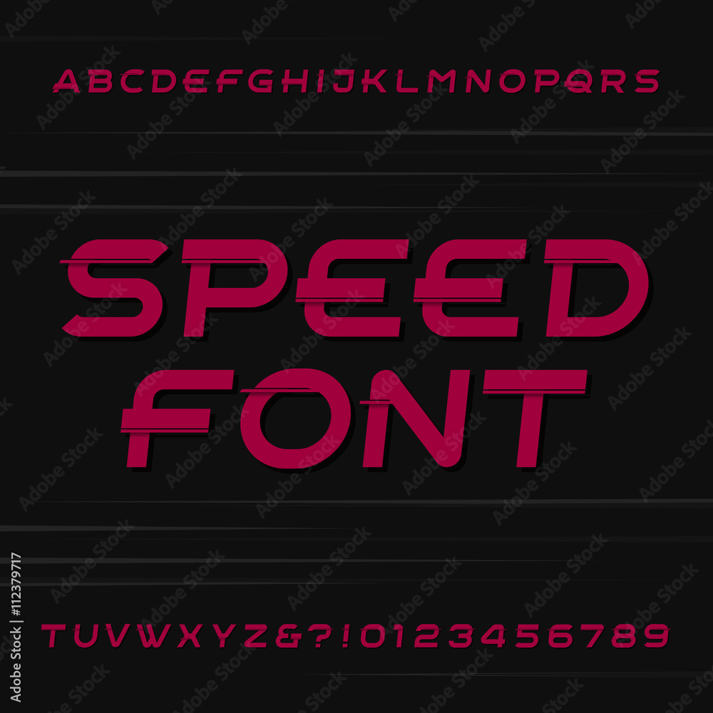 Speed alphabet vector font. Oblique letters and numbers on a dark ...