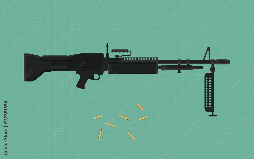 machine gun single isolated with green background and amunition shell ...