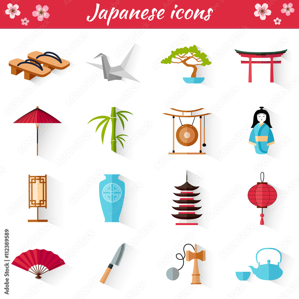 Japanese Set of icons in flat style. Vector illustration. A collection ...