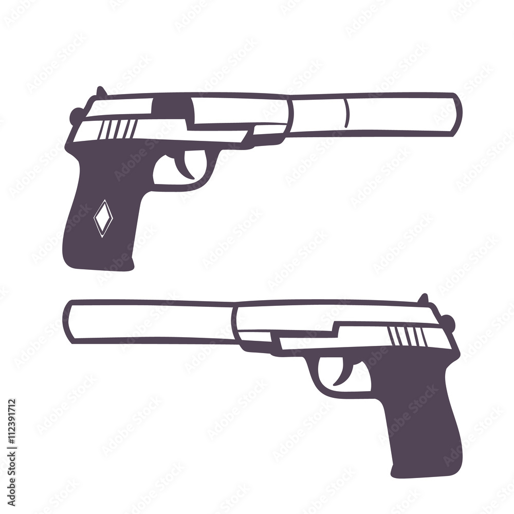 hand drawn pistol with silencer, handgun on white, vector illustration ...