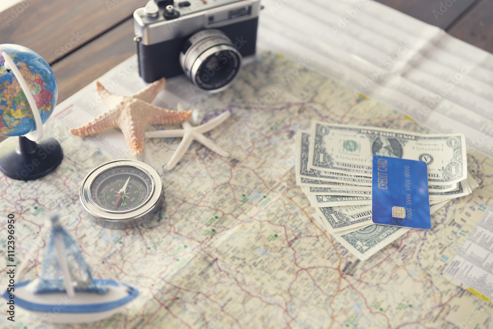 compass, credit card, banknote, globe, camera, map, ship starfis Stock ...