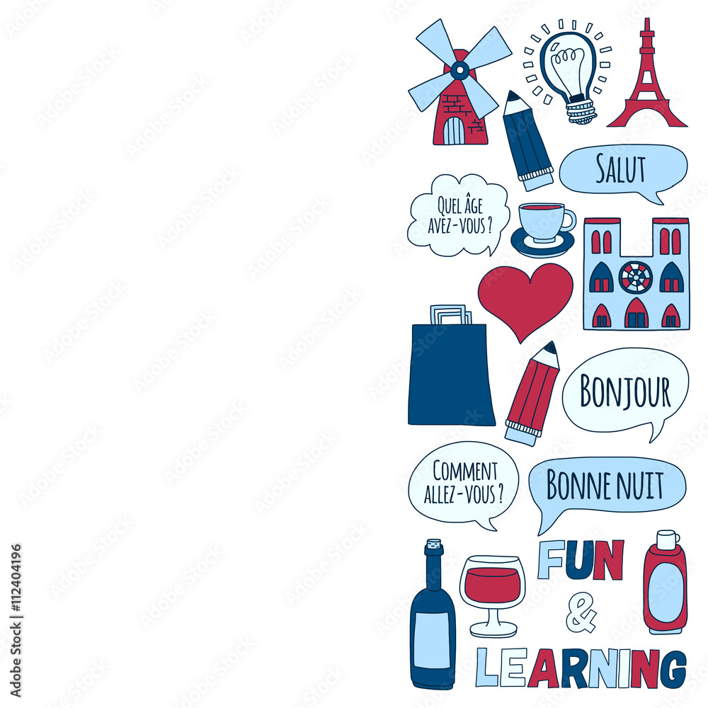 Online french courses Language school Vector set of doodle icons Stock ...