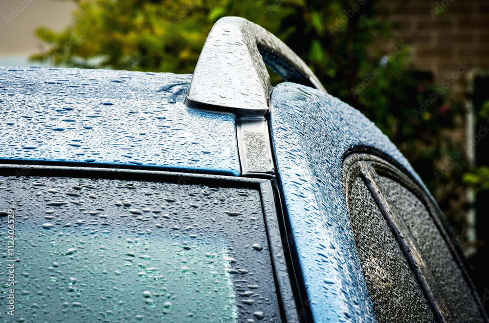 Photo & Art Print Roof and rail of the blue car after rain shower, pondpony