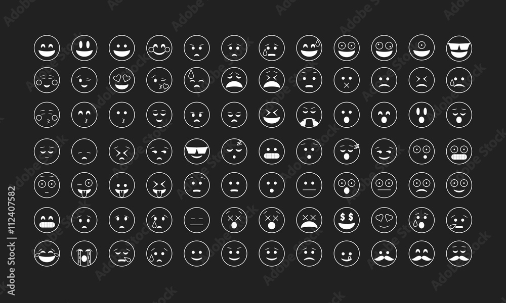 Set of white outline emoticon vector isolated on black background ...