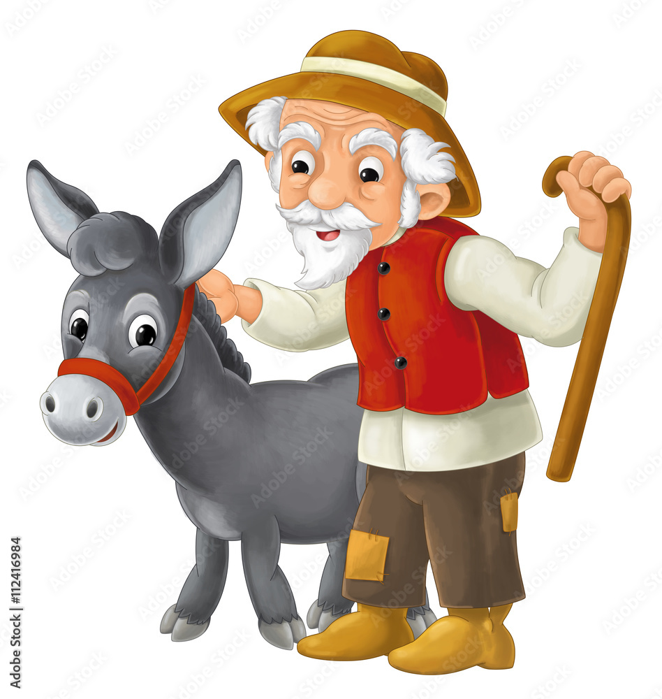 Cartoon donkey standing and watching with his owner - cute animal ...