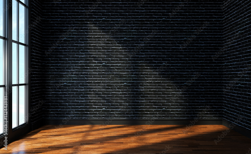 Empty Room Interior Black Brick Wall And Wood Floor. 3d Render Stock ...