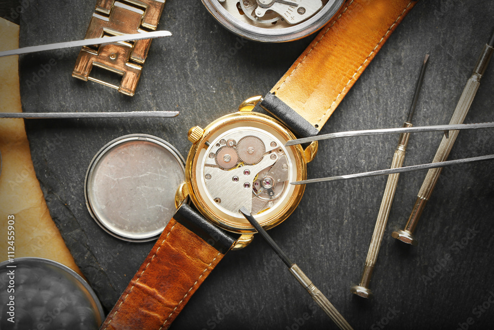 Mechanism of retro watch closeup Stock Photo | Adobe Stock