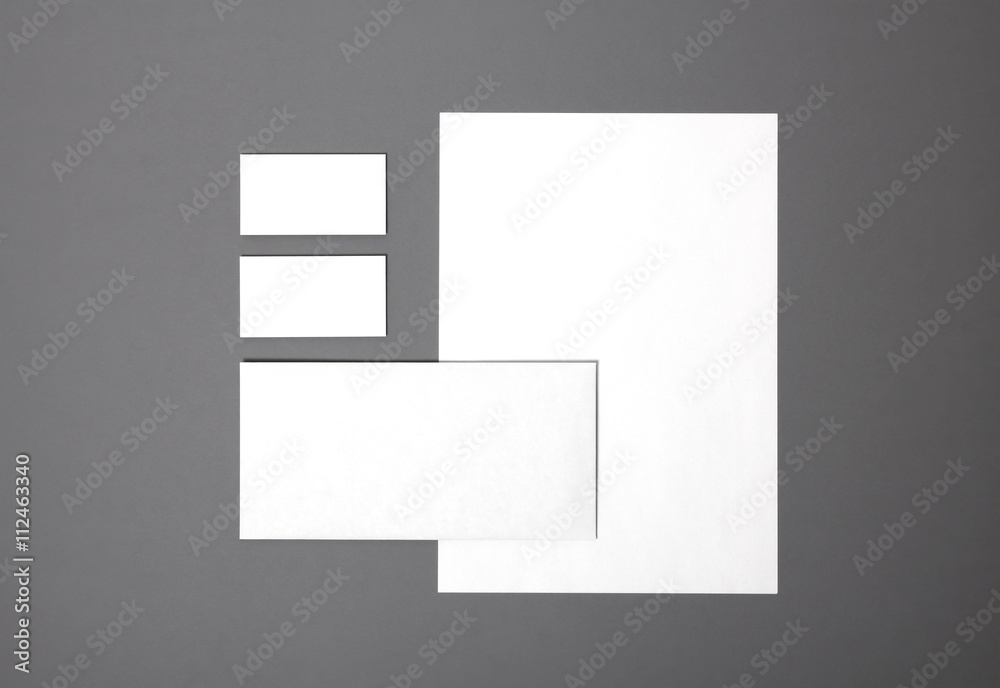 Blank stationery still life with business cards, paper, envelope ...