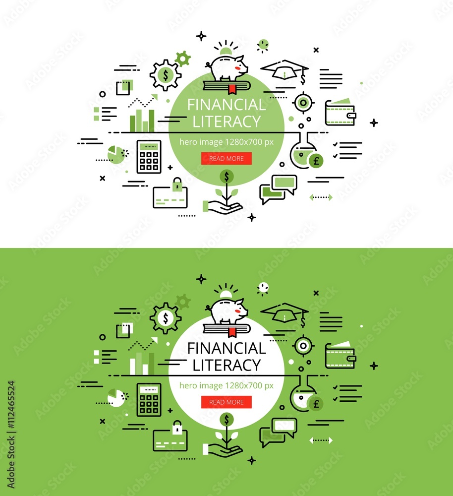 Financial Literacy. Flat line color hero images and hero banners Stock ... Financial Literacy. Flat line color hero images and hero banners Stock ...