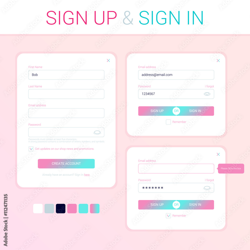 The modal windows for the development of the web site. Sign-up form ...