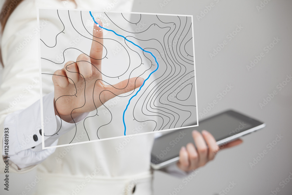 Geographic information systems concept, woman scientist working with ...