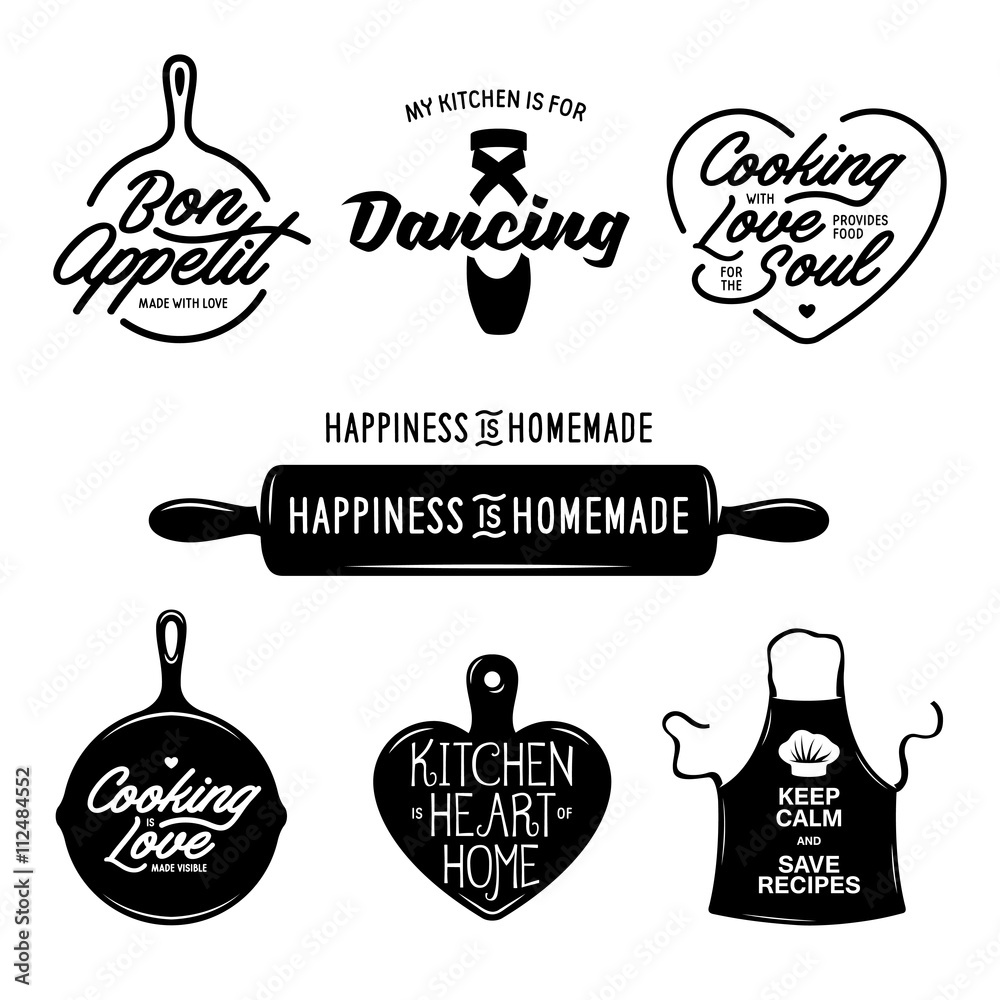 Kitchen related typography set. Quotes about cooking. Vintage vector ...