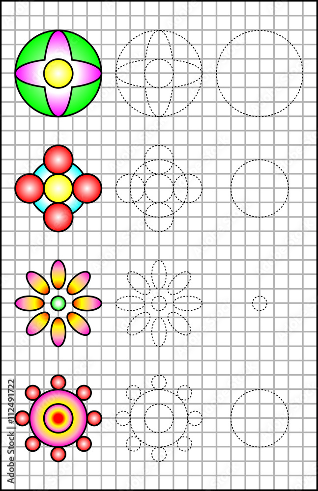 Educational page with exercises for children on a square paper ...