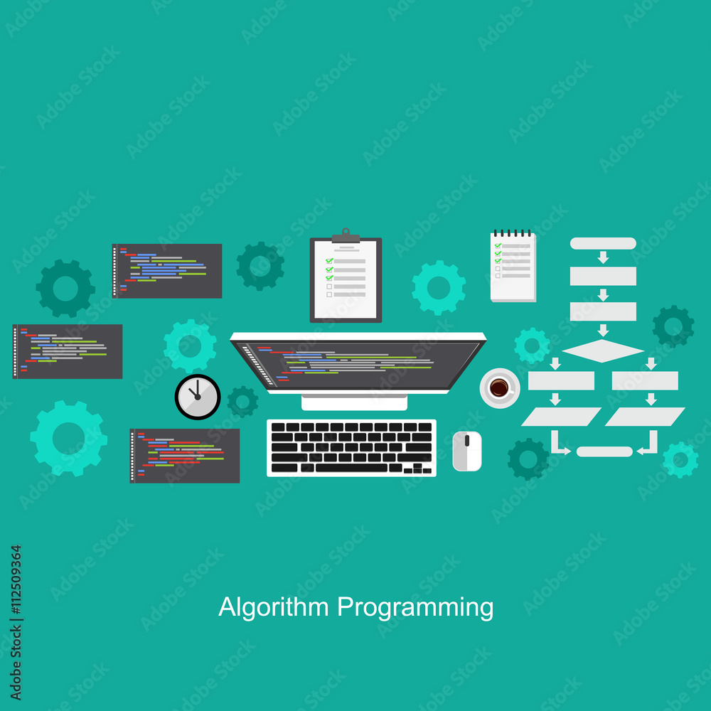 Algorithm programming concept. Flat design illustration concepts for analysis, working ...