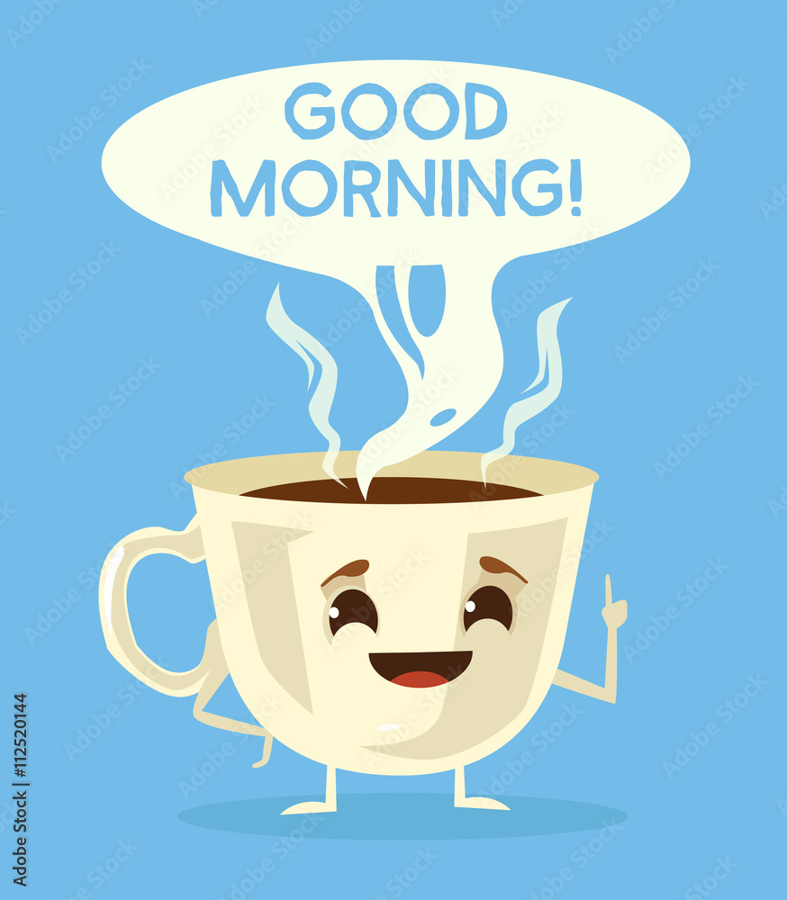 Cute cup of coffee. Good morning with black coffee. Vector flat cartoon ...