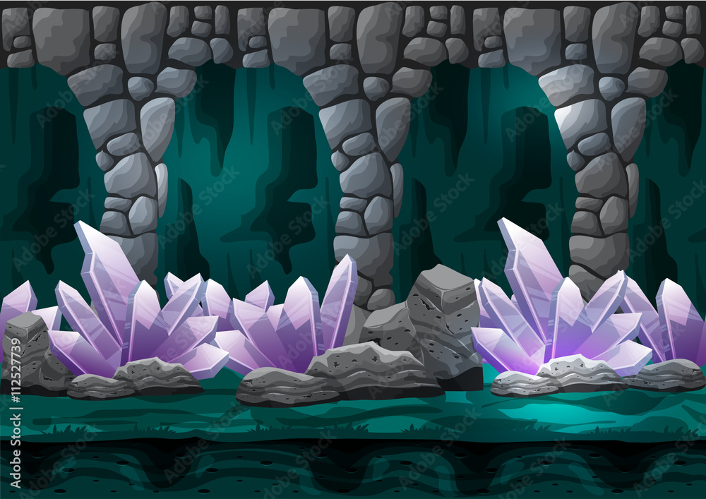 Seamless cartoon vector cave with separated layers for game and ...