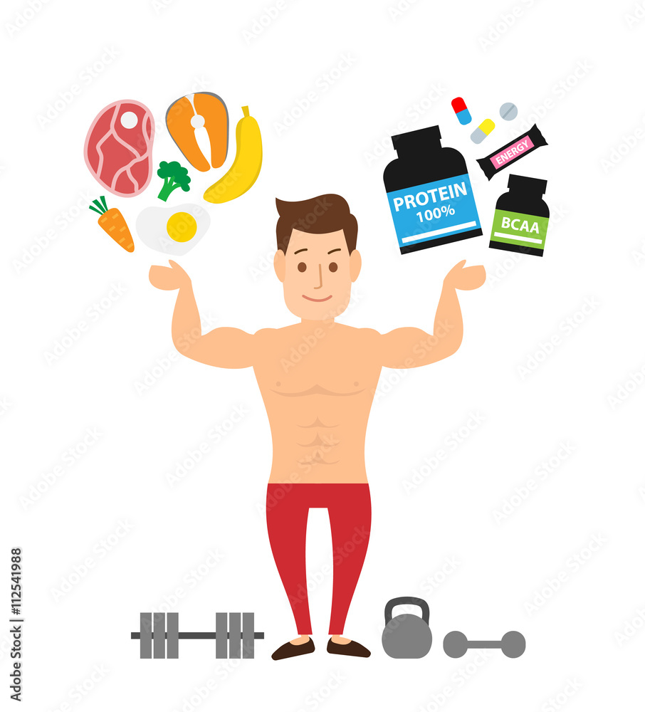 muscle man bodybuilder with protein nutrition and natural food isolated ...