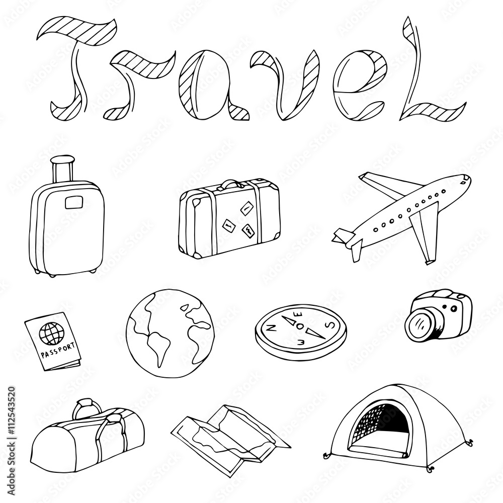 Travel text graphic art black white isolated set illustration vector ...