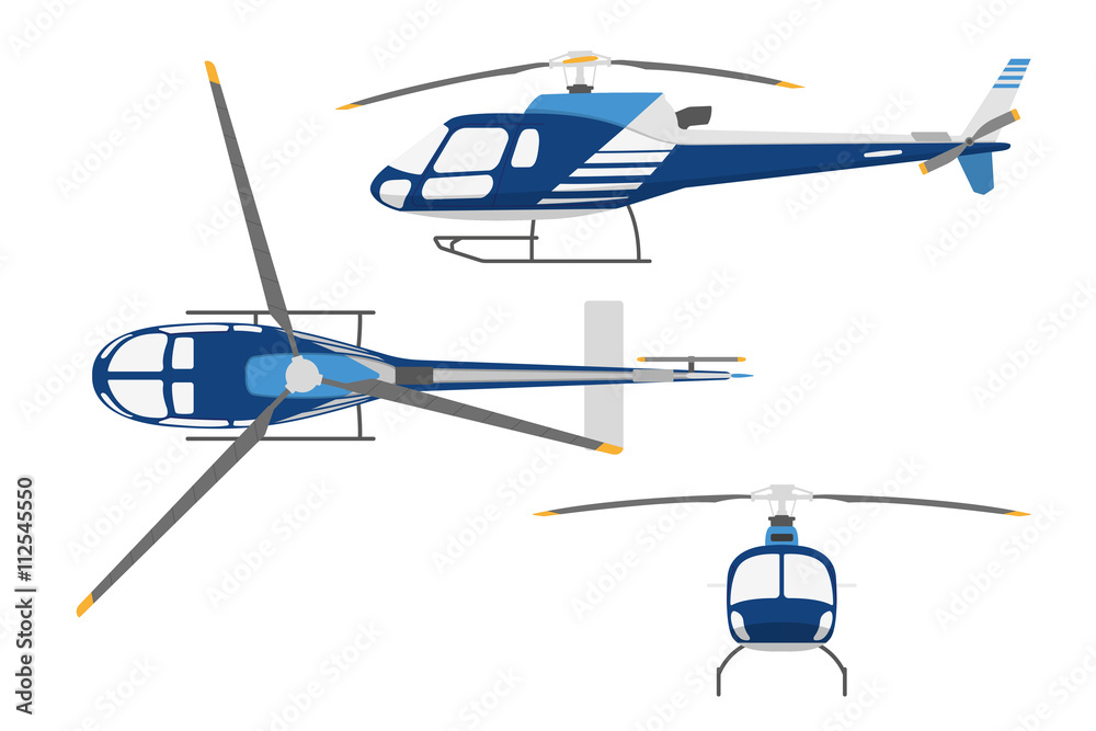 Drawing a helicopter in a flat style. Top view , side view, fron Stock ...