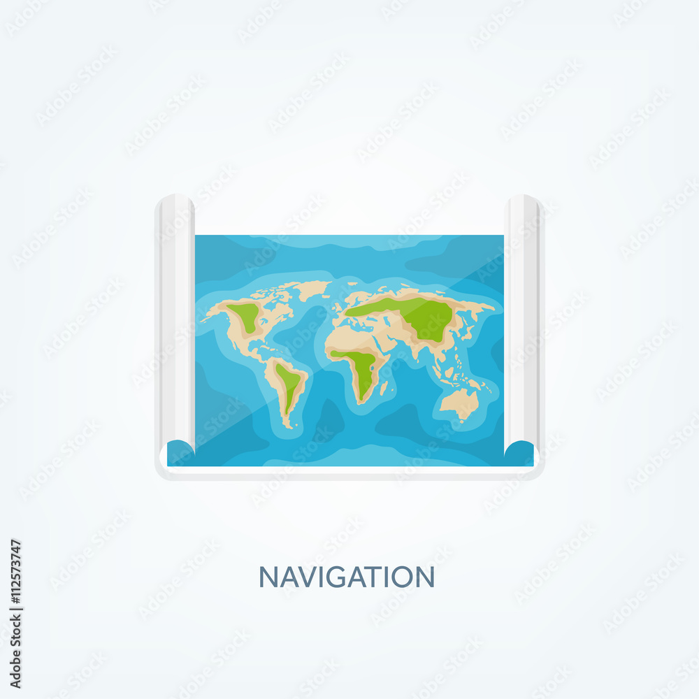 World map in a flat style. Earth, globe. Navigation. Route and ...