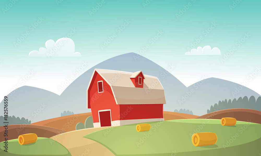 Mountain countryside landscape with red farm barn, cartoon vector ...