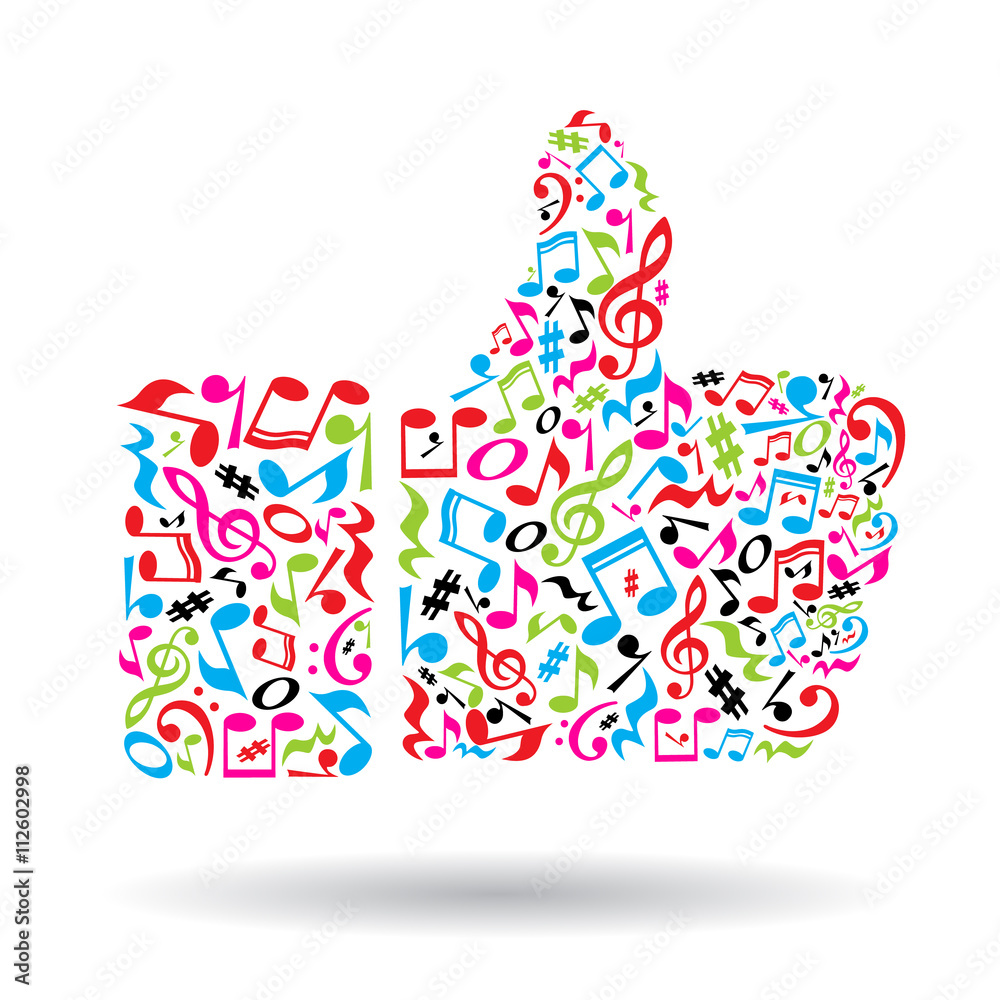 Thumb up gesture made of colorful music notes on white background ...