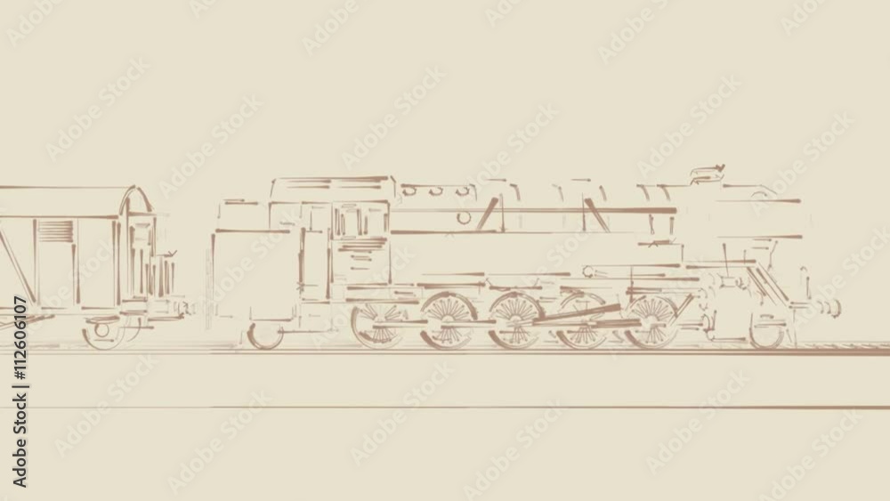 Old steam locomotive train with freight rail cars moving on the ...