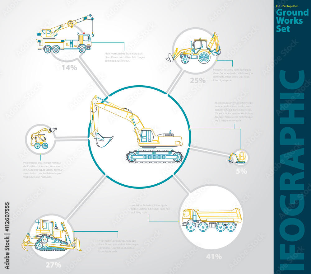 Construction machinery infographic set. Outline ground works machines ...