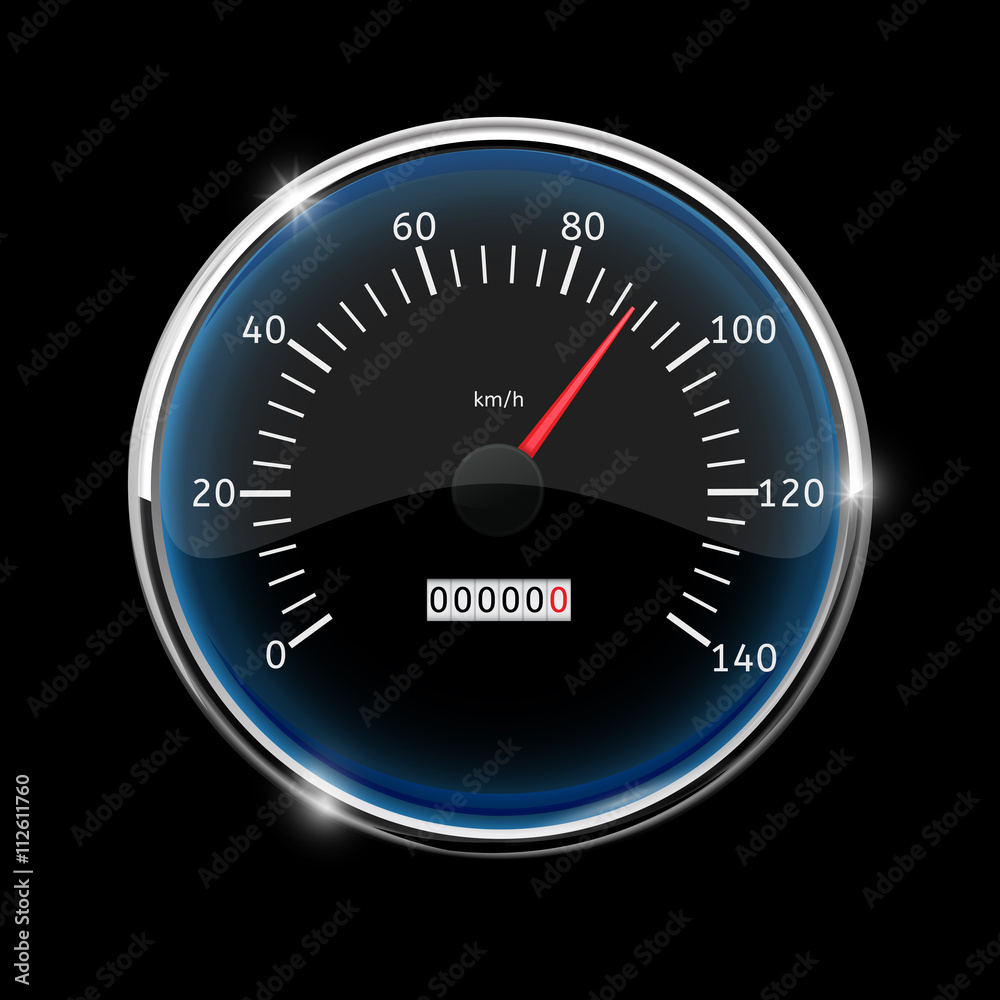Speedometer. Round speed gauge with 90 km speed indication. On black ...