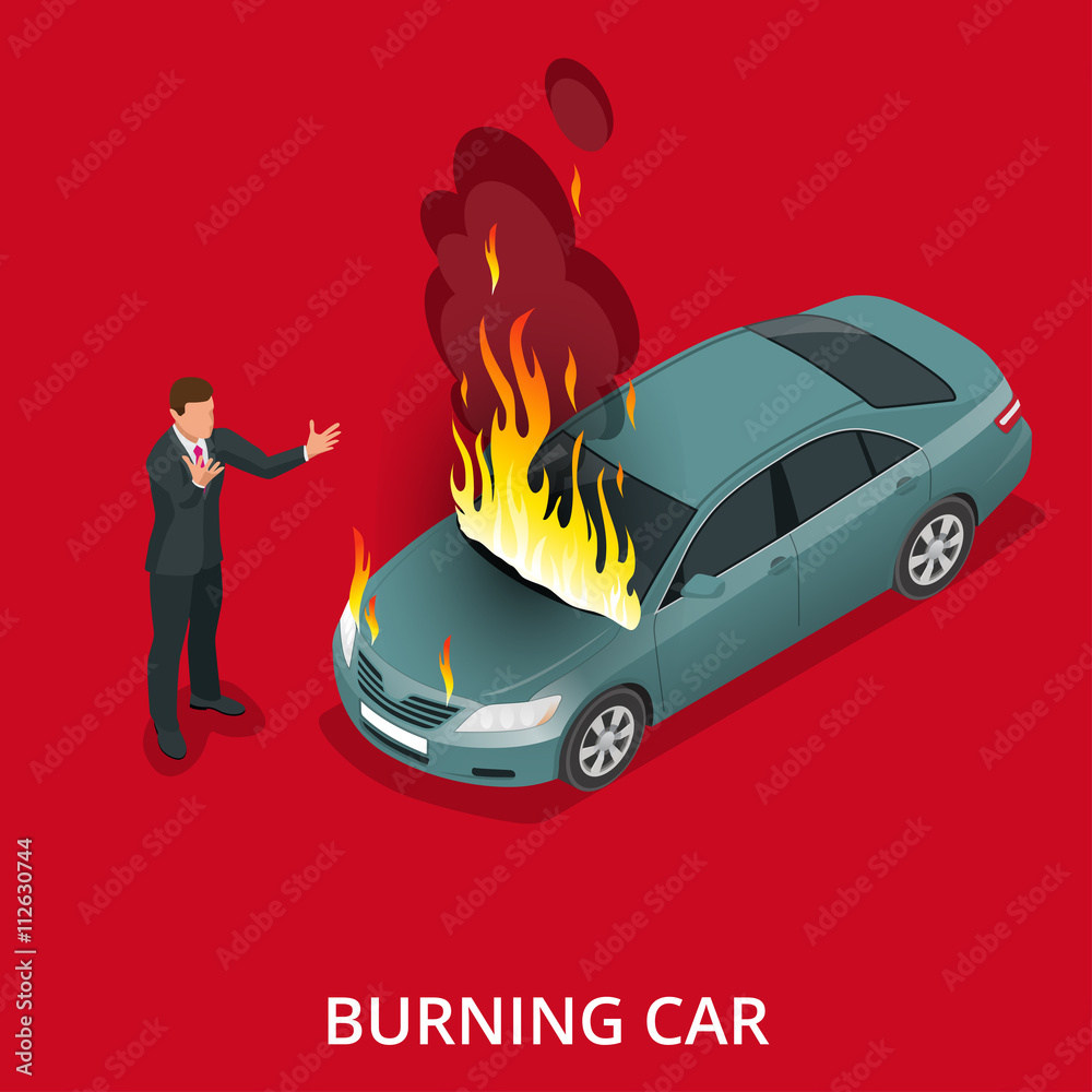 Burning car on the road. Fire suddenly started engulfing the car. Flat ...