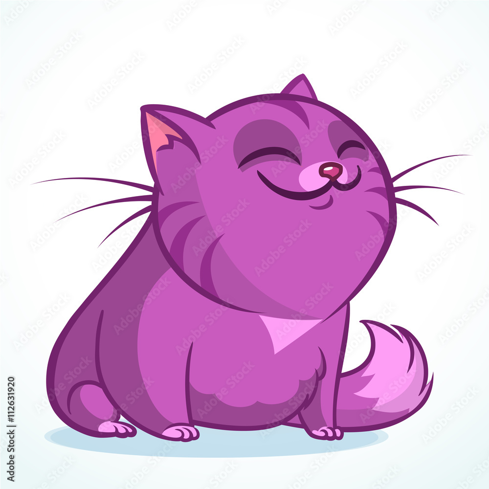 Vector illustration of a cute smiling purple fat cat with eyes closed ...