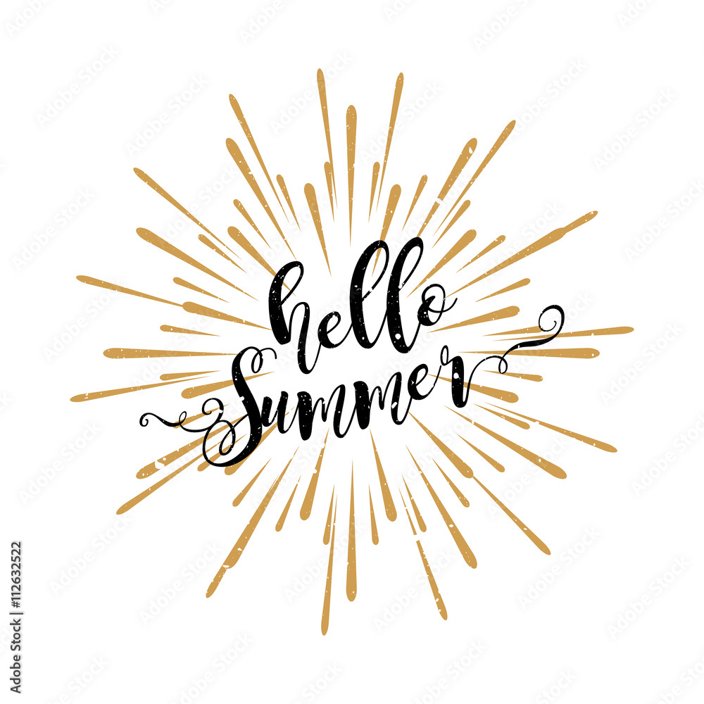 Hello summer. Beautiful greeting card calligraphy black text word gold ...