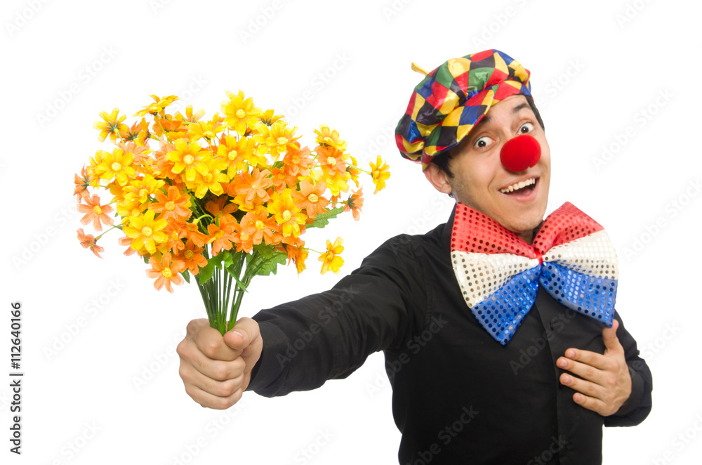 Funny clown with flowers isolated on white Stock Photo | Adobe Stock