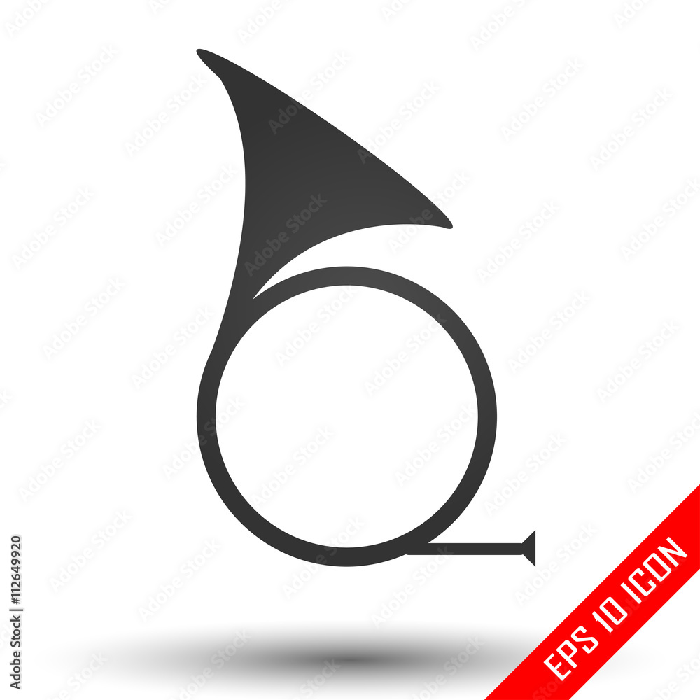 Hunting horn icon. Simple flat logo of horn on white background. Signal ...