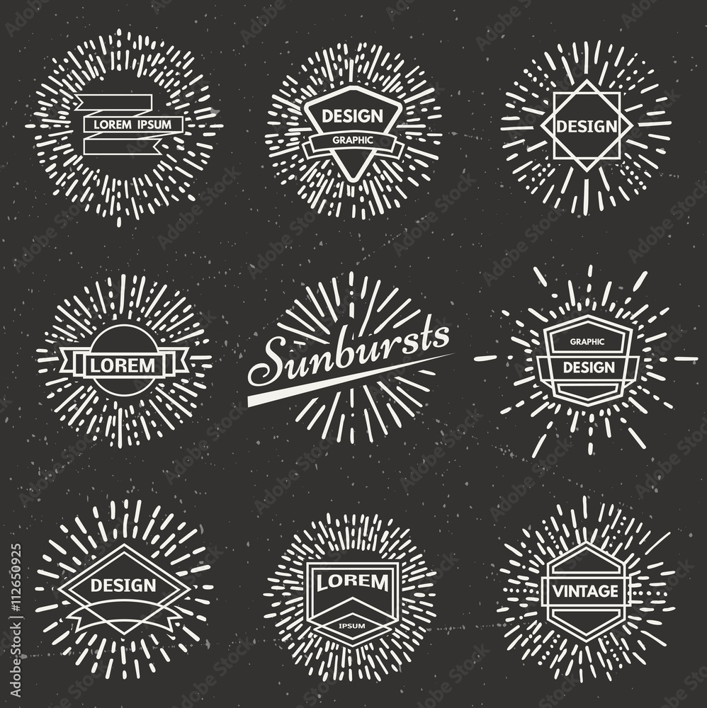 Set of vintage sunburst. Hand drawn. Light ray. Design template for ...
