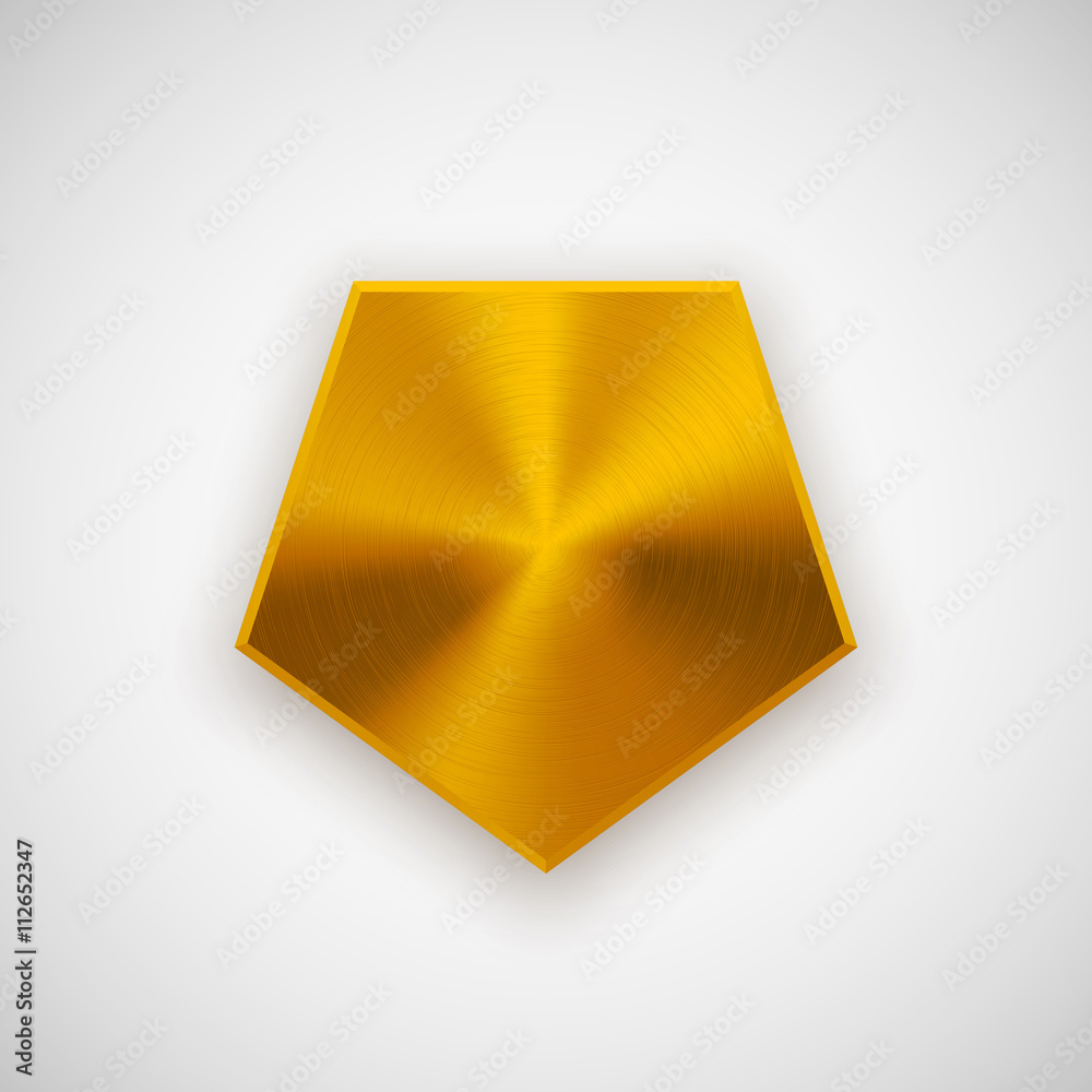 Gold abstract polygon, hex badge, blank button template with metal ...