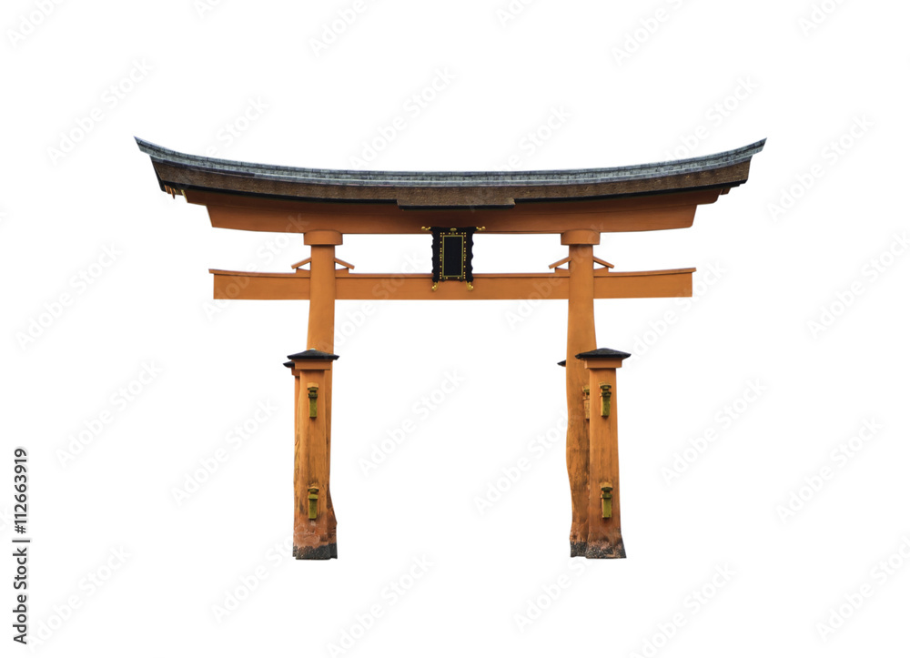 Miyajima Japanese Floating Tori front view isolated on white. Red ...
