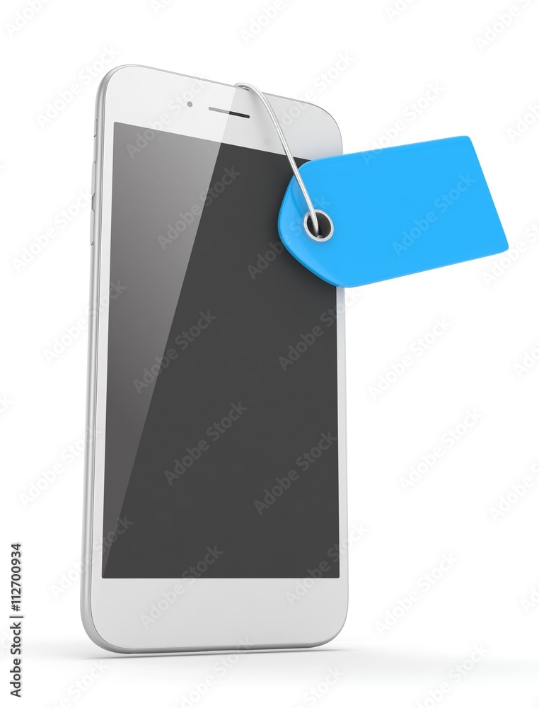 White smart phone with blue price tag on white background ...