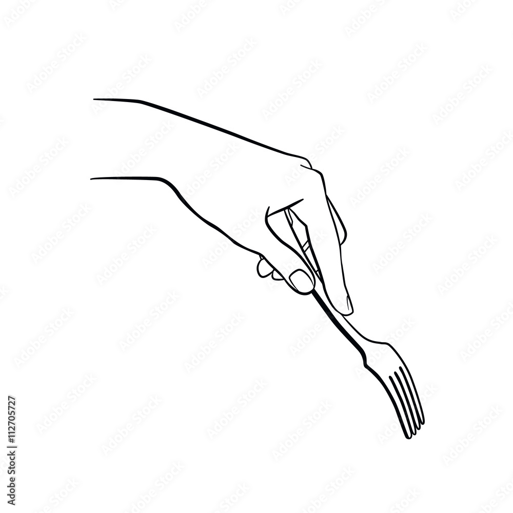 Woman hand holding fork. Kitchen tools. Outline cooking gesture ...